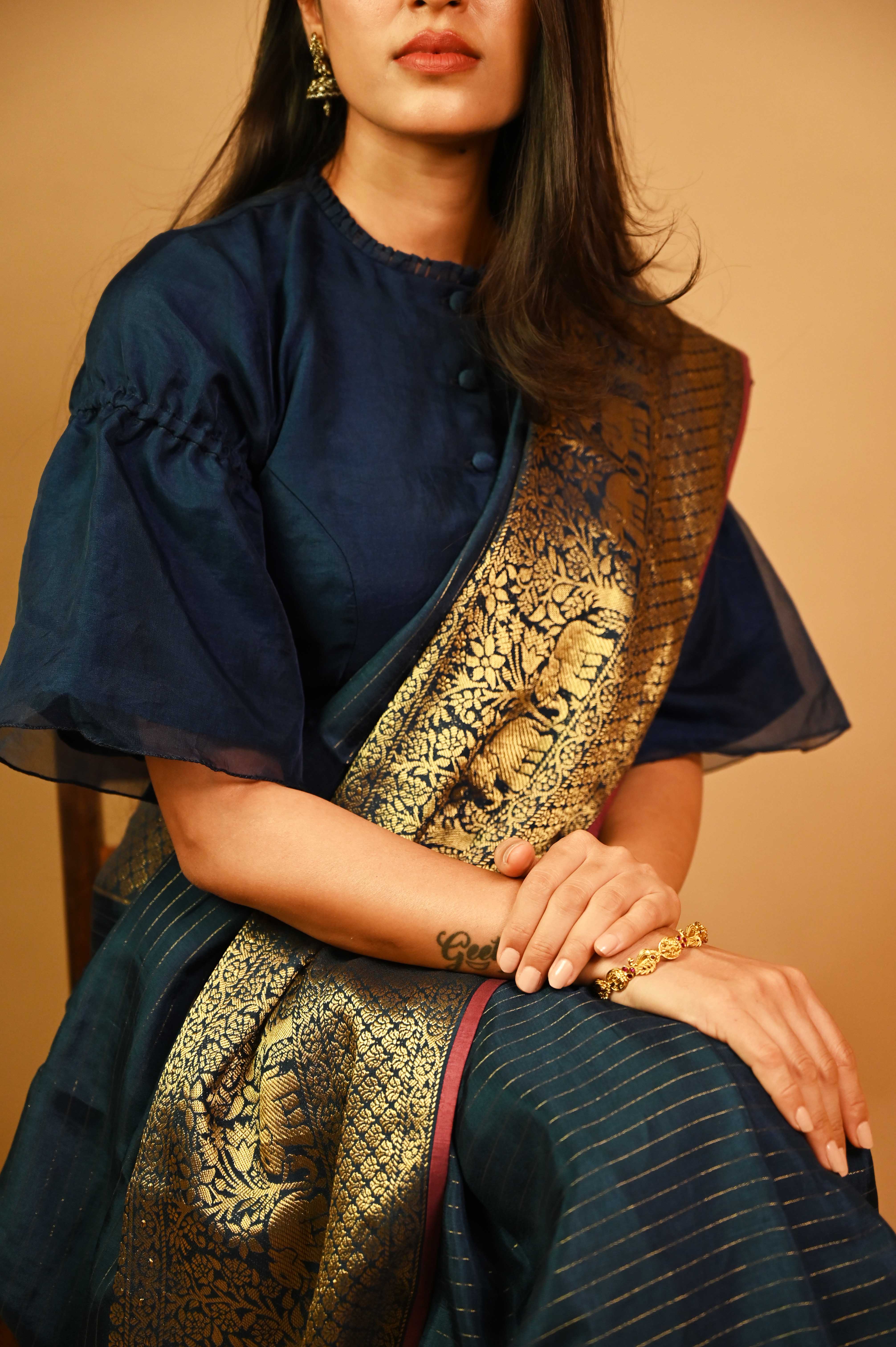 Navy Modal Silk Blend Kanjivaram Saree – Madhurya Australia